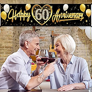Kauayurk Happy 60th Wedding Anniversary Banner Decorations, Black Gold 60th Anniversary Sign Party Supplies, 60th Wedding Anniversary Decor Photo Booth for Outdoor Indoor