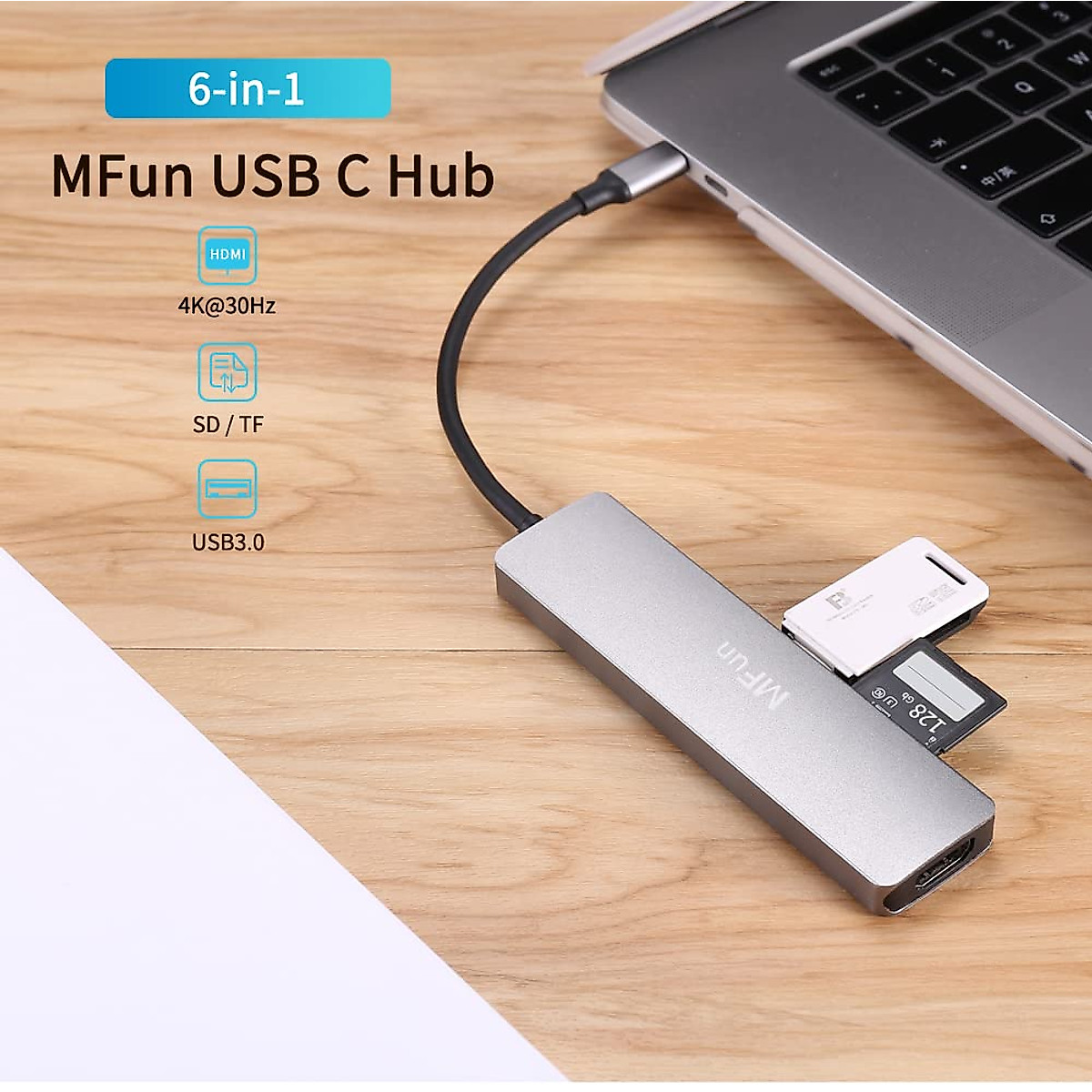 USB C Hub,MFun 6 in 1 USB C to HDMI Adapter with USB 3.0 Port,SD/Micro SD Card Reader,4K HDMI Compatible for USB C Laptops and Other Type C Devices