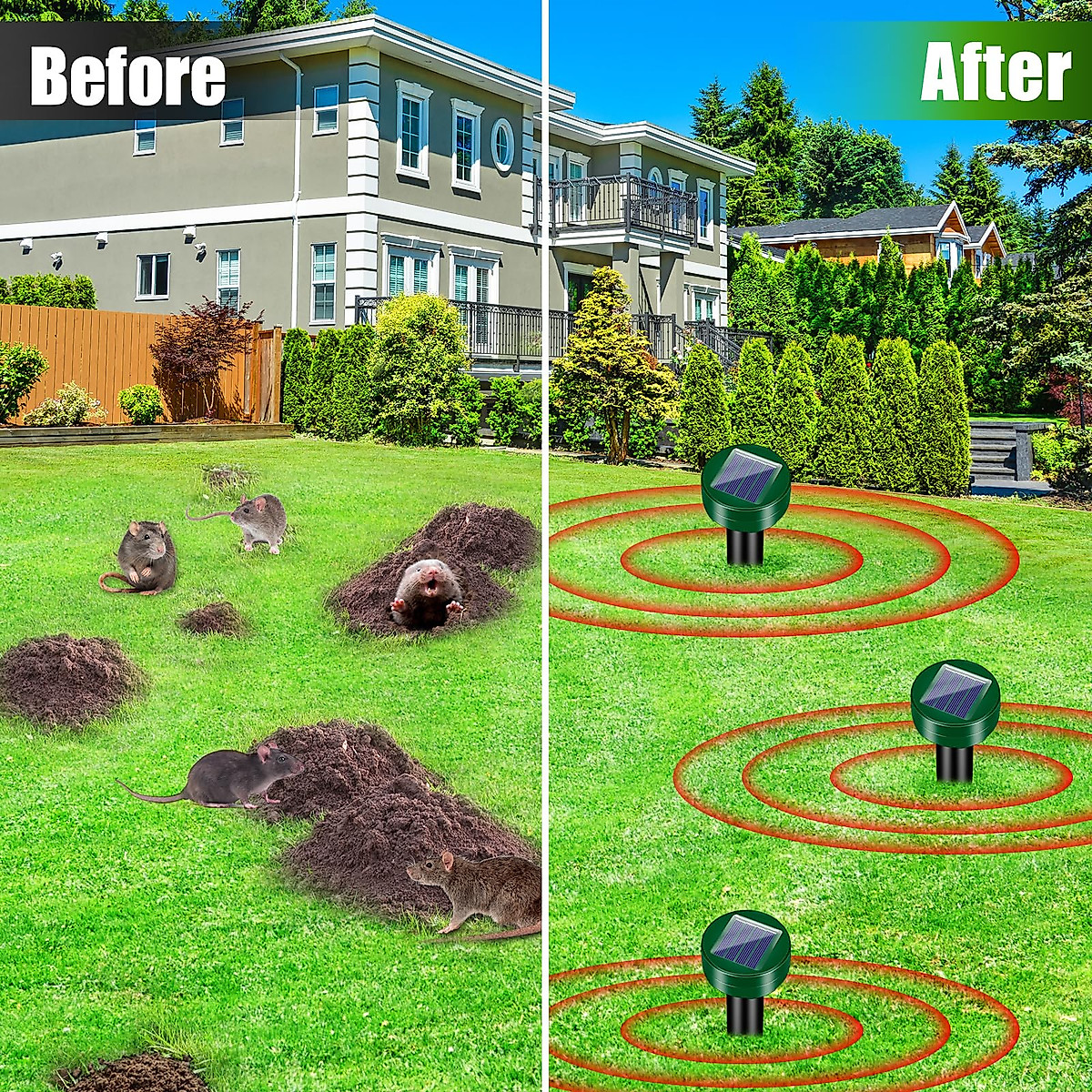 8 Pcs Solar Mole Repellent Spikes 2024 Ultrasonic Animal Repellent Outdoor Waterproof Solar Sonic Burrowing Mole Deterrent Stake to Repel Groundhog Mole Vole Armadillo Gopher Snake for Yard Lawn