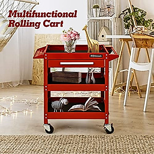 ARNOT 3 Tier Rolling Tool Cart, 330 LBS Tool Cart on Wheels for Mechanics, Heavy Duty Tool Cart with Drawers, Perfect for Garage, Warehouse & Repair Shop, Red