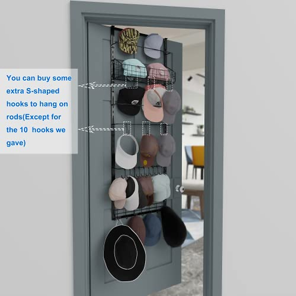 Yociyoga Metal Hat Racks for Baseball Caps, Over the Door Hat Organizer Hat Holder with Door Hooks & 17 Hat Hooks, Adjustable Tier Height Hat Hanger Hat Storage with Storage Basket, Black