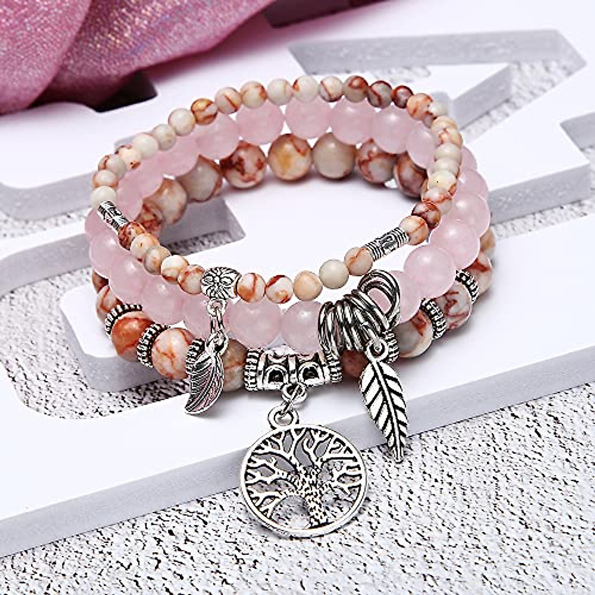 XIMEO Tree of Life Semi Precious Original Design Crystals and Healing Stones Yoga Beaded Bracelets Beach Charm Bracelet Set for Women Girls, Ocean Jewelry