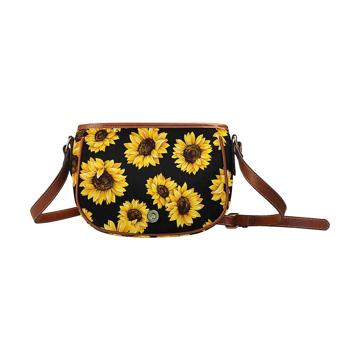 InterestPrint Sun-flower Pattern on Black Women Crossbody Bag Saddle Shoulder Bag Small Purse Satchel