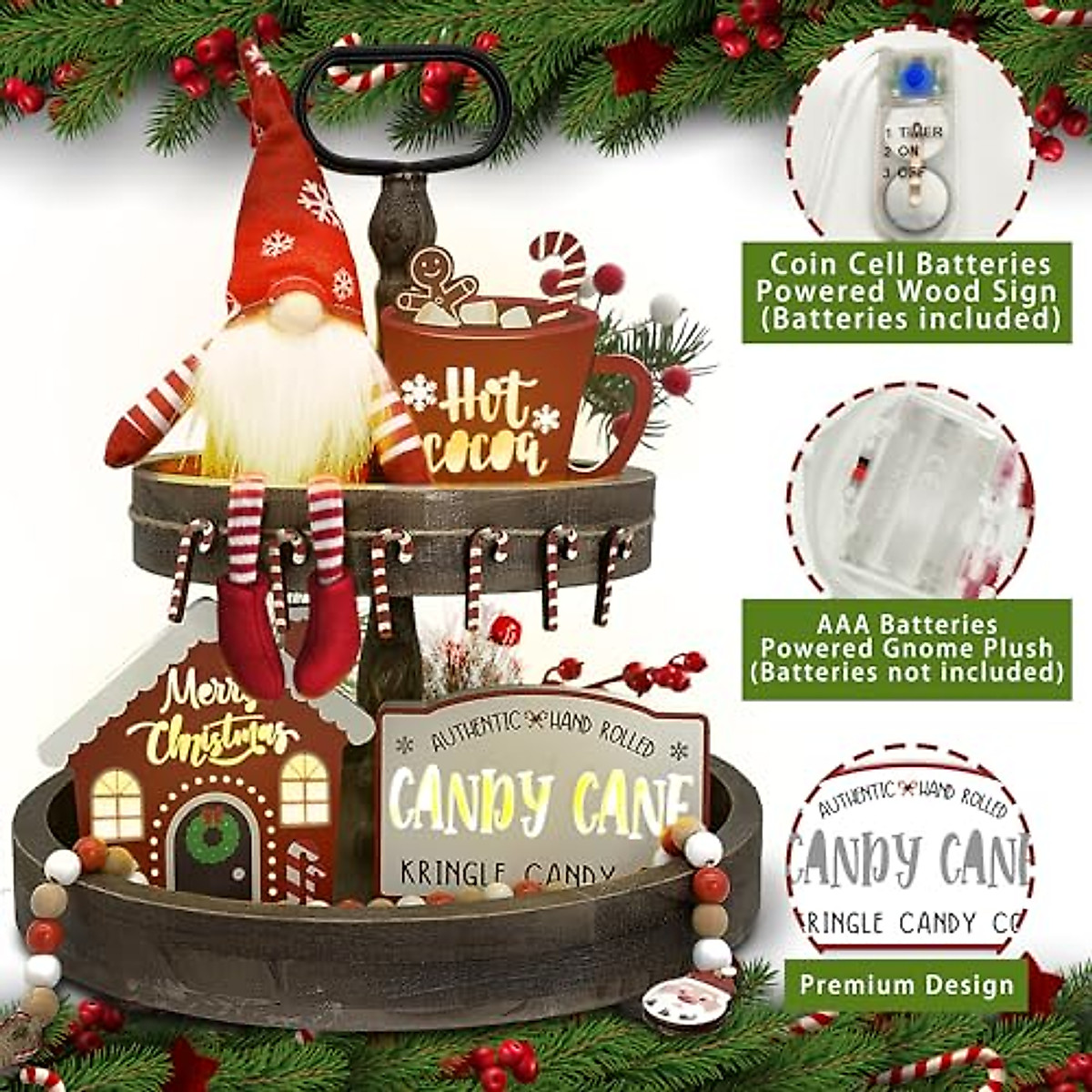 Christmas LED Tiered Tray Decor - Candy Cane, Xmas Plush Gnome, Wood Beads Garland & Mini Banner
