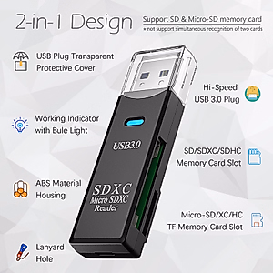 USB3.0 Micro SD Card Reader, 5Gbps 2-in-1 SD Card Reader to USB Adapter, Wansurs Memory Card Reader for SDXC, SDHC, MMC, RS-MMC, Micro SDXC, Micro SD, Micro SDHC and UHS-I Cards (1Pack Black)