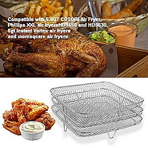 8inch Air Fryer Rack Compatible with Instant Vortex, Philips, COSORI Air Fryer, Fits 4.2QT-5.8QT Air Fryer, Square 3 Stackable Racks, Stainless Steel Dehydrator Rack Air fryer Accessories