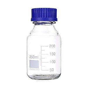 Pastein 10 Pieces 250 mL Graduated Round Reagent Media/Storage Glass Bottle With GL45 Blue Polypropylene Screw Cap