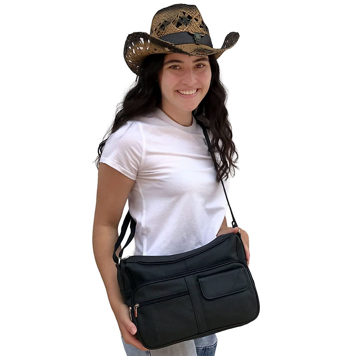 SILVERFEVER Medium Leather Handbag | Ladies Shoulder Bag | Organizer w Built in Wallet (black cowhide)