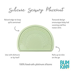 Bumkins Baby Silicone Sensory Placemat, for Babies and Toddlers, Suction Mat for Restaurants, Stick On High Chairs and Tables, Eating Finger Foods, Baby Led Weaning Essentials, Ages 6 Months Up, Sage