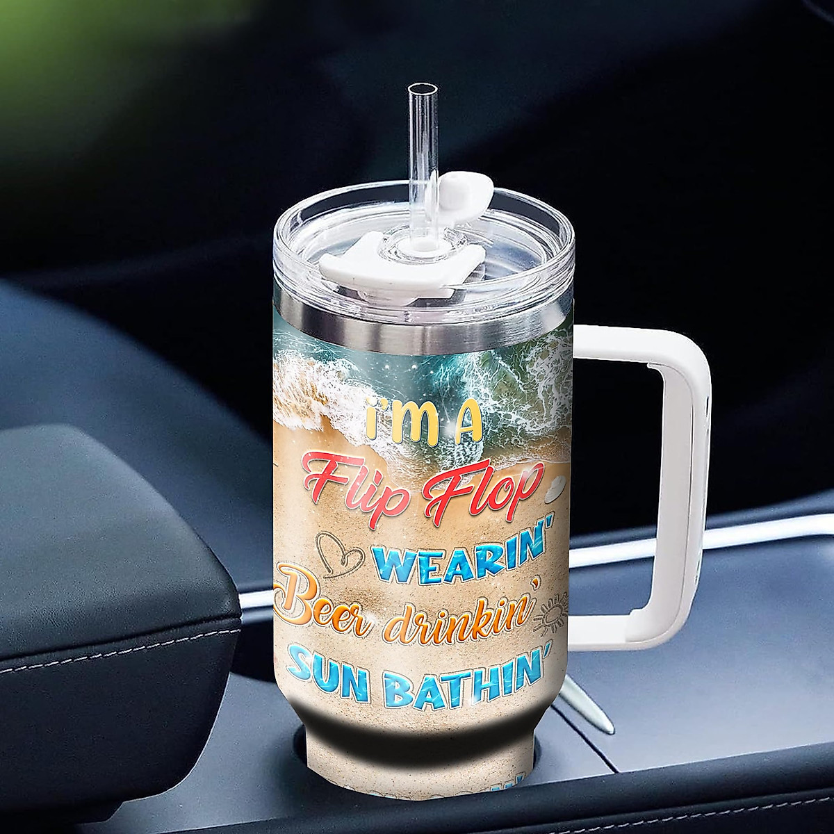 WAZONE Personalized Flip Flop Beach 40oz Tumbler with Handle and Straw Lid Stainless Steel Tumblers Summer Gifts Ideas For Sunbathing Sea Turtle Starfish Lovers Ocean Themed Insulated Cup