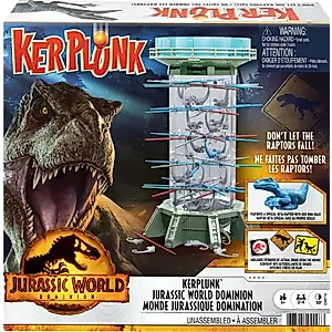 Mattel Games KerPlunk Jurassic World Dominion Kids & Family Game with Velociraptor Dinosaurs, Tower, Sticks, Die & Stickers