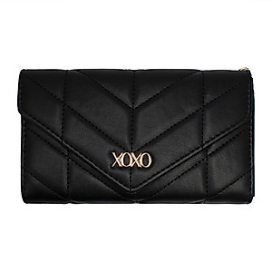 XOXO Women’s Wallet Small Black Vegan Leather Quilted Pattern Fold With Chain Crossbody Strap
