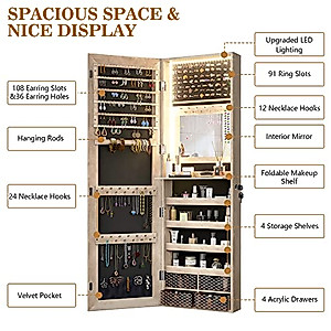 Vlsrka Mirror Jewelry Cabinet, Upgraded 3 LED Lights Wall/Door Mounted Jewelry Armoire Organizer, 47.2" Full Length Mirror with Storage, Built-in Lighted Mirror, 4 Drawers, 5 Shelves, Lockable, Wood