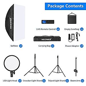Neewer RGB LED Softbox Lighting Kit with 2.4G Remote: 3-Pack 48W Dimmable LED Light Head with 3200~5600K/CRI95+/360°Full Color/10 Scene Effect with Softbox, Stand and Boom Arm for Studio Photography