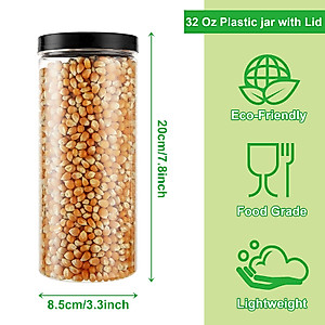 LISHINE 8 Pack 32 oz Plastic Jars with Lids Clear Airtight Food Storage Jars with Lids Reusable Round Empty Plastic Cylinder Container with Black Lids for Kitchen Food & Home Storage of Cookie