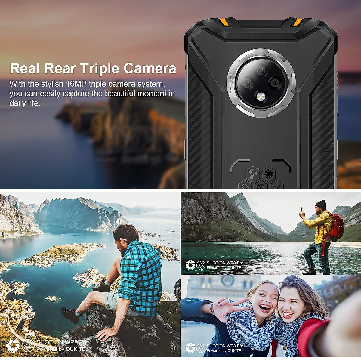 OUKITEL WP8 Pro Rugged Smartphone 6.49 inch Android 10 Unlocked Cell Phones 5000mAh Battery 4GB RAM + 64GB ROM IP68 Waterproof Mobile Phone 4G Dual SIM 16MP Rear Triple Camera NFC Global Version