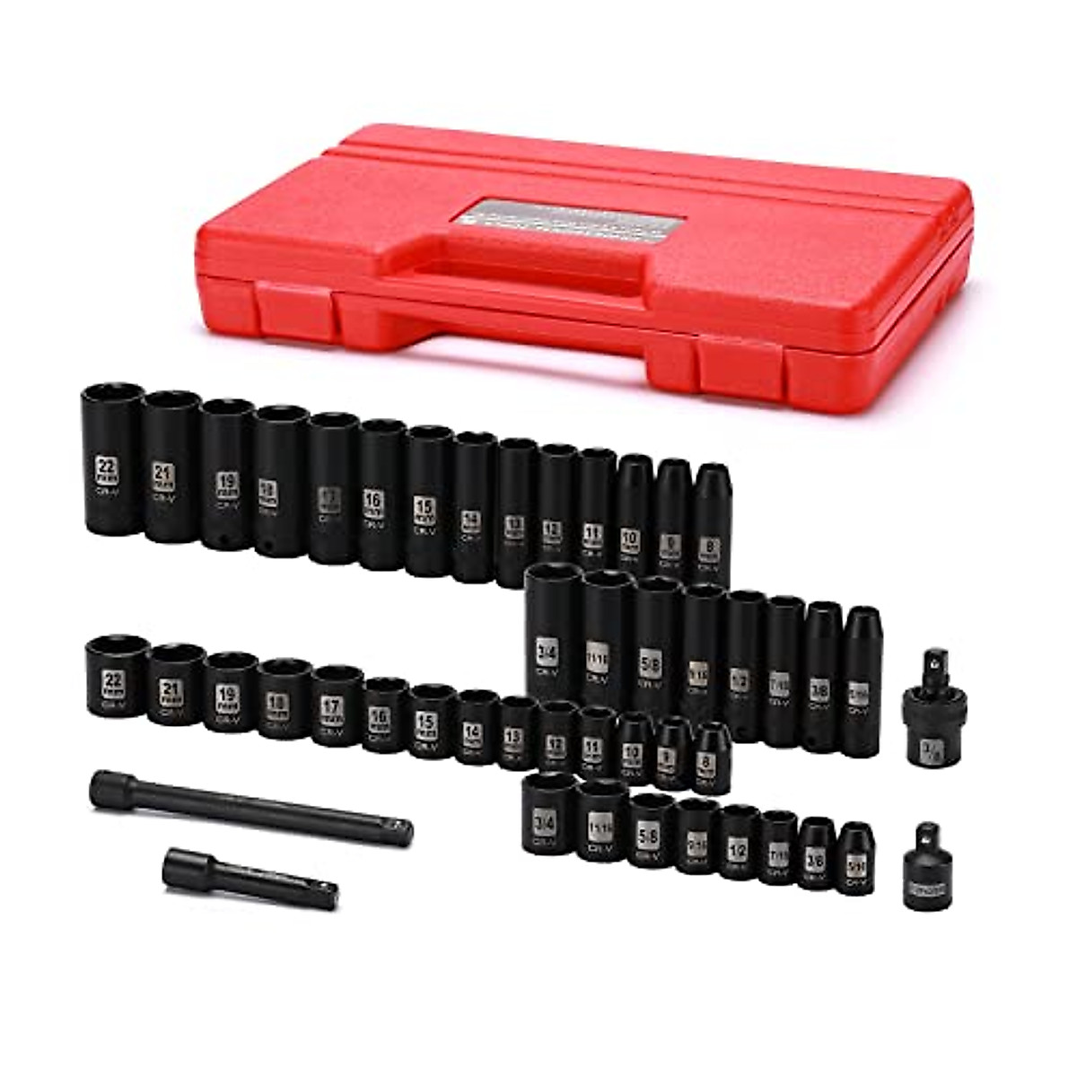 Mayouko 48 Pieces 3/8" Drive Impact Socket Set, SAE/Metric, 6 Point, CR-V, Includes Extension Bar, Adapter, Universal Joint