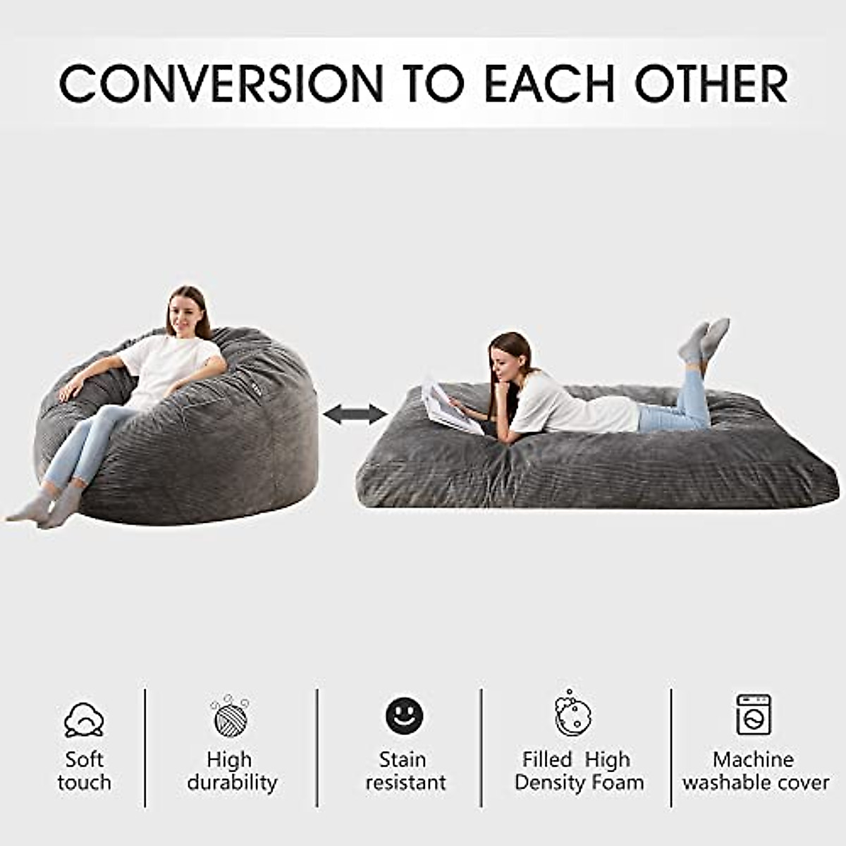 Homguava Corduroy Bean Bag Chair, Variable Shape from Bean Bag to Matress, Convertible Beanbag Chair for Home, Living Room(Grey, Full)