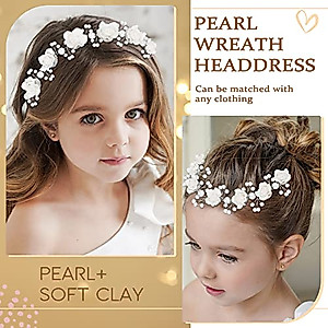 Tanfeine Wedding Hair Accessories for Kids, Princess Headpiece White Flower Headband with Pearls for Communion