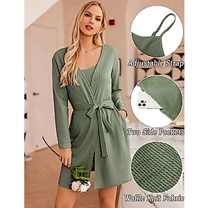 Ekouaer Womens 3 Piece Waffle Knit Lounge Set Soft Pajama Sets Tank Top and Shorts Cardigan with Pockets (Army Green, S)