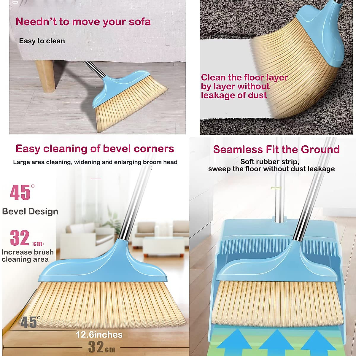 Indoor Broom and Dustpan Set,41" Height Broom with Stand Up Dustpan,Anti-Scratch Edge, 15°Angle Ergonomic Design,Seamless Rubber Strip Fit The Ground to Avoid Dust Leakage,Used for Home Office