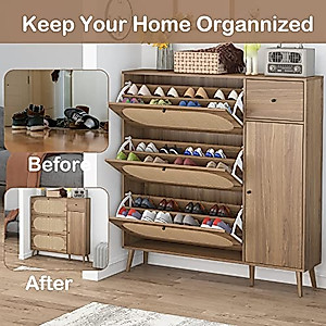 Henf Rattan Shoe Cabinet,Shoes Storage Cabinet with 3 Flip Drawers & Boot Rack,Freestanding Modern Shoes Organizer with Wood Legs, Entryway Shoe Rack Cabinet for Heels,Boots,Slippers (Wood Grain)