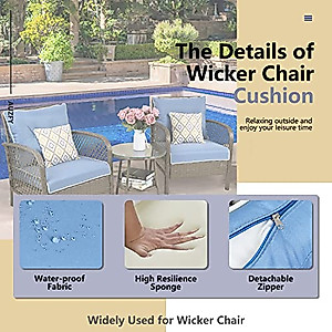 Auzfy 3 Pieces Outdoor Patio Chair Set Small Patio Conversation Sets Wicker Patio Bistro Set with Side Table & 2 Pillows for Sunroom, Garden, Balcony, Blue Cushion