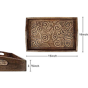 SUNDERSHALA Wooden Decorative Serving Tray, Wooden Tray with Handles Natural Finish, Great for Dinner Trays, Tea Tray, Bar Tray, Breakfast Tray - Hand Carving Creates a Truly Unique Furnishing Accent