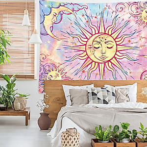 Ohjijinn Pastel Pink Tapestry Burning Sun Tapestry Mystic Tapestry Celestial Sun and Moon with Stars Tapestry Psychedelic Hippy Tie Dye Wall Hanging for Party Home Decor (Pastel, 51.2" x 59.1")