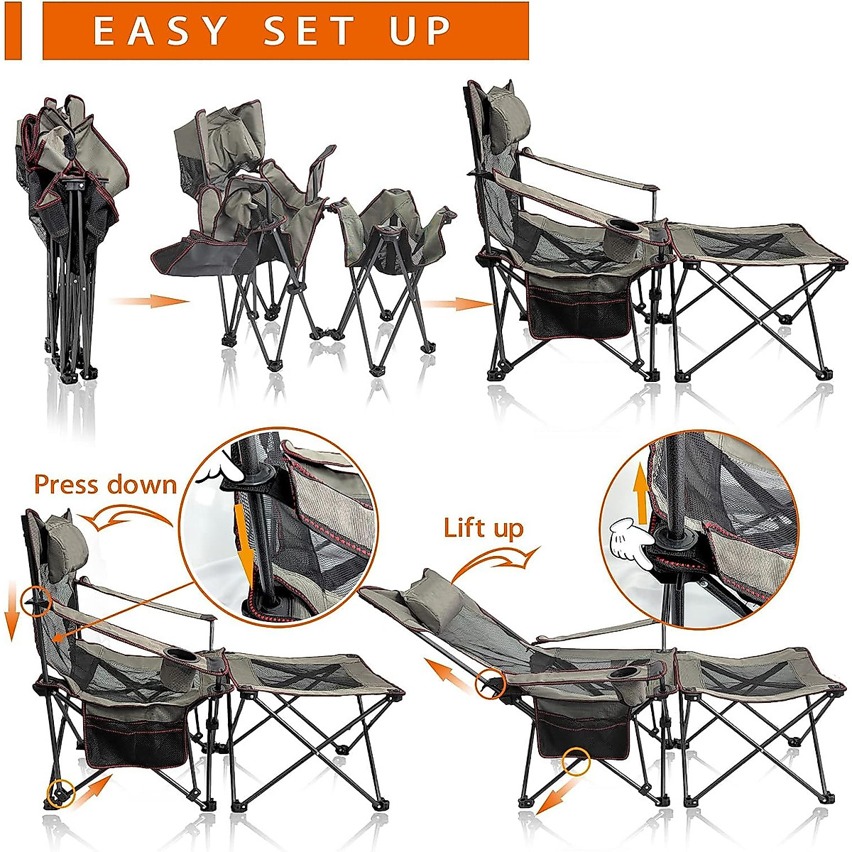 YDY+YQY Camping Lounge Chair,Portable Lounge Chair with Cup Holder and Pillow,Adjustable Chaise Lawn Chair with Footrest for Outdoor Indoor Office Beach Camp Picnic (Grey)