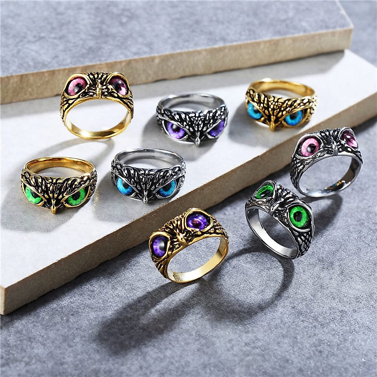 ANIEJUFI Stainless Steel Demon Eye Owl Ring Retro Animal Statement Rings for Women Men Jewelry Gift Silver Green Eyes Size 13