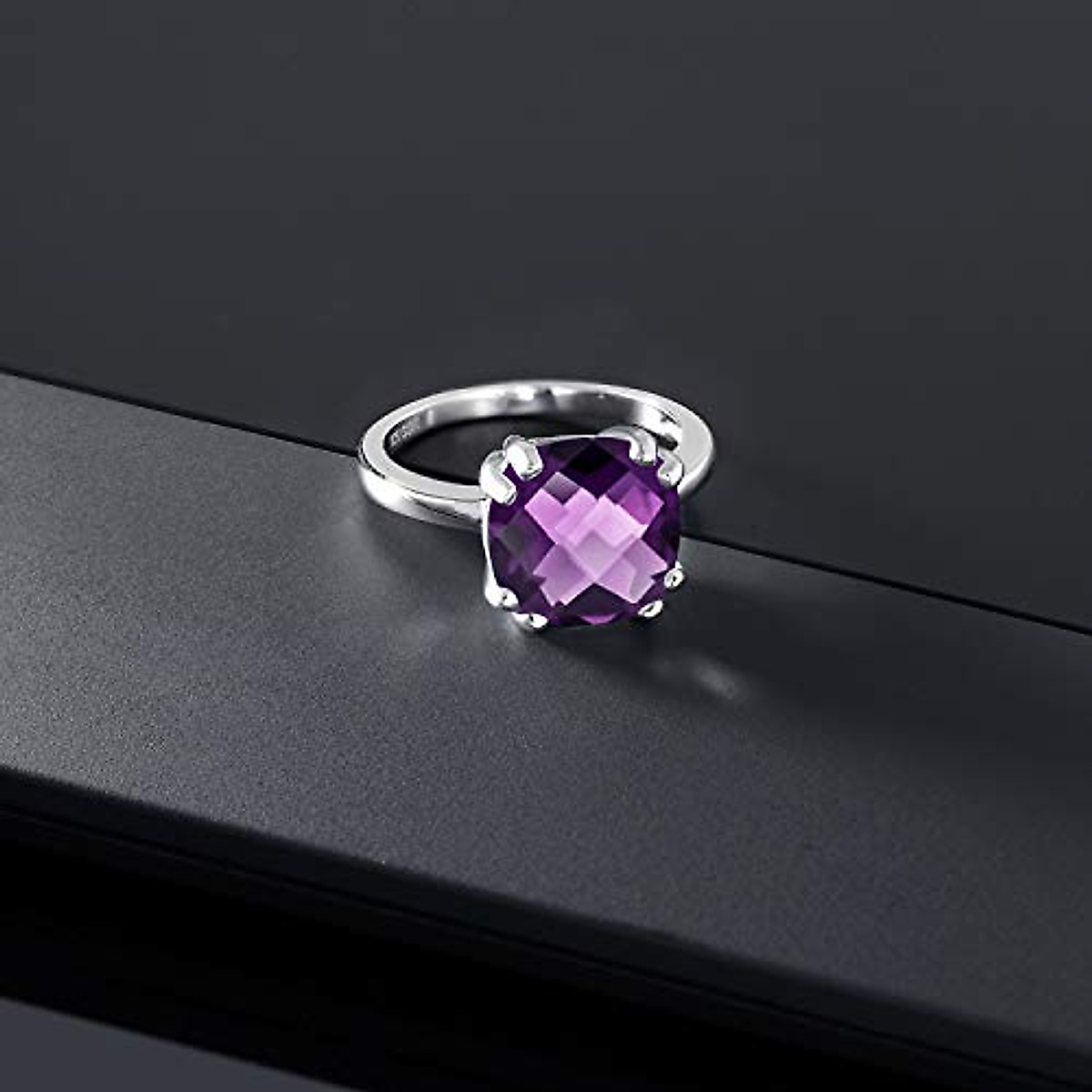 Gem Stone King 925 Sterling Silver Purple Amethyst Solitaire Double Prong Ring For Women (3.45 Cttw, Cushion Checkerboard 10MM, Gemstone Birthstone, Available In Size 5, 6, 7, 8, 9)