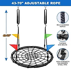 Odoland Spider Web Tree Swing, Outdoor Saucer Net Swing, 900D Oxford Platform Swing for Kids Adult, Backyard Round Flying Swing with Hanging Ropes Straps and Turnbuckle 30in Black