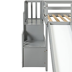 BOVZA Twin Size Low Loft Bed with Stairs and Slide, Wood Bedframe with Safety Guardrails for Kids Boys Girls, Gray