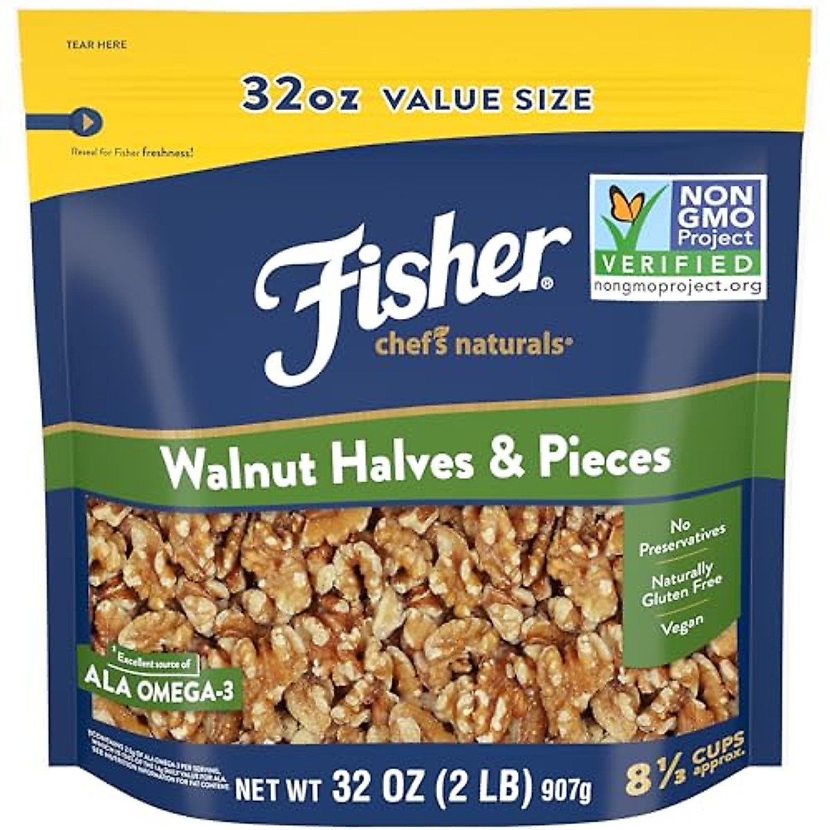 Fisher Chef's Naturals Walnut Halves & Pieces 2 lb, 100% California Unsalted Walnuts for Baking & Cooking, Snack Topping, Great with Yogurt & Cereal, Vegan Protein, Keto Snack, Gluten Free