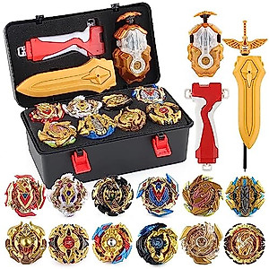 PWTAO Bey Battling Top Burst Launcher Grip Toy Blade Set Game Storage Box 12 Spinning Top Burst Gyros 2 Launchers Combat Battling Game with Storage Case Great Birthday Present for Boys Children Kids…