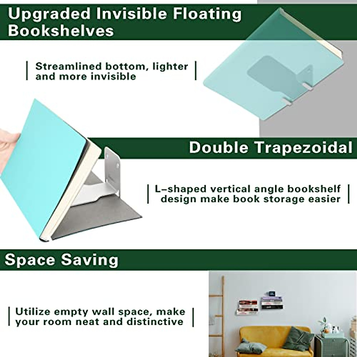 Invisible Floating Bookshelves Wall Mounted, Heavy-Duty Bookshelf Small Metal Shelves Storage Book Organizers, Floating Book Shelf Wall Ledge Shelves for Home Office Classroom Library (White, 8 Pack)