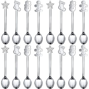 16 Pieces Christmas Spoon Set Christmas Stirring Spoon Creative Stainless Steel Coffee Spoon Tea Spoon Soup Spoon Dessert Spoon for Stirring Drink Mixing Milkshake Jam (4 Styles) (Silver)