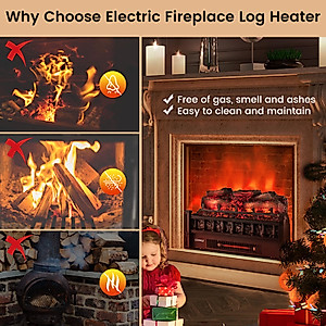 COSTWAY Eternal Flame Electric Fireplace Log, 20-inch Fireplace Insert Log Heater with Realistic Pinewood Ember Bed, Adjustable Temperature, Infrared Electric Fireplace Log for Home Decor, Black 1500W