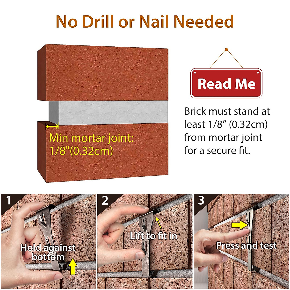 Brick Hook Clips (4 Pack) for Hanging Outdoors, Brick Hangers Fits Standard Size Brick 2-1/4" to 2-3/8" in Height, Heavy Duty Brick Wall Clips Siding Hooks for Hanging No Drill and Nails