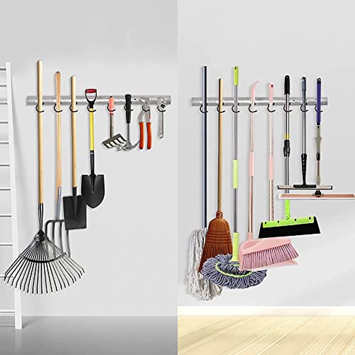 WALMANN All Metal 64 Inch Wall Mount Garden Tool Organizer for Garage, Mop and Broom Holder, Yard Tool Storage Rack for Rake, Shovel, Spade, Mop, Broom, Wall Mount Storage Organizer(4 Rails, 16 Hooks)