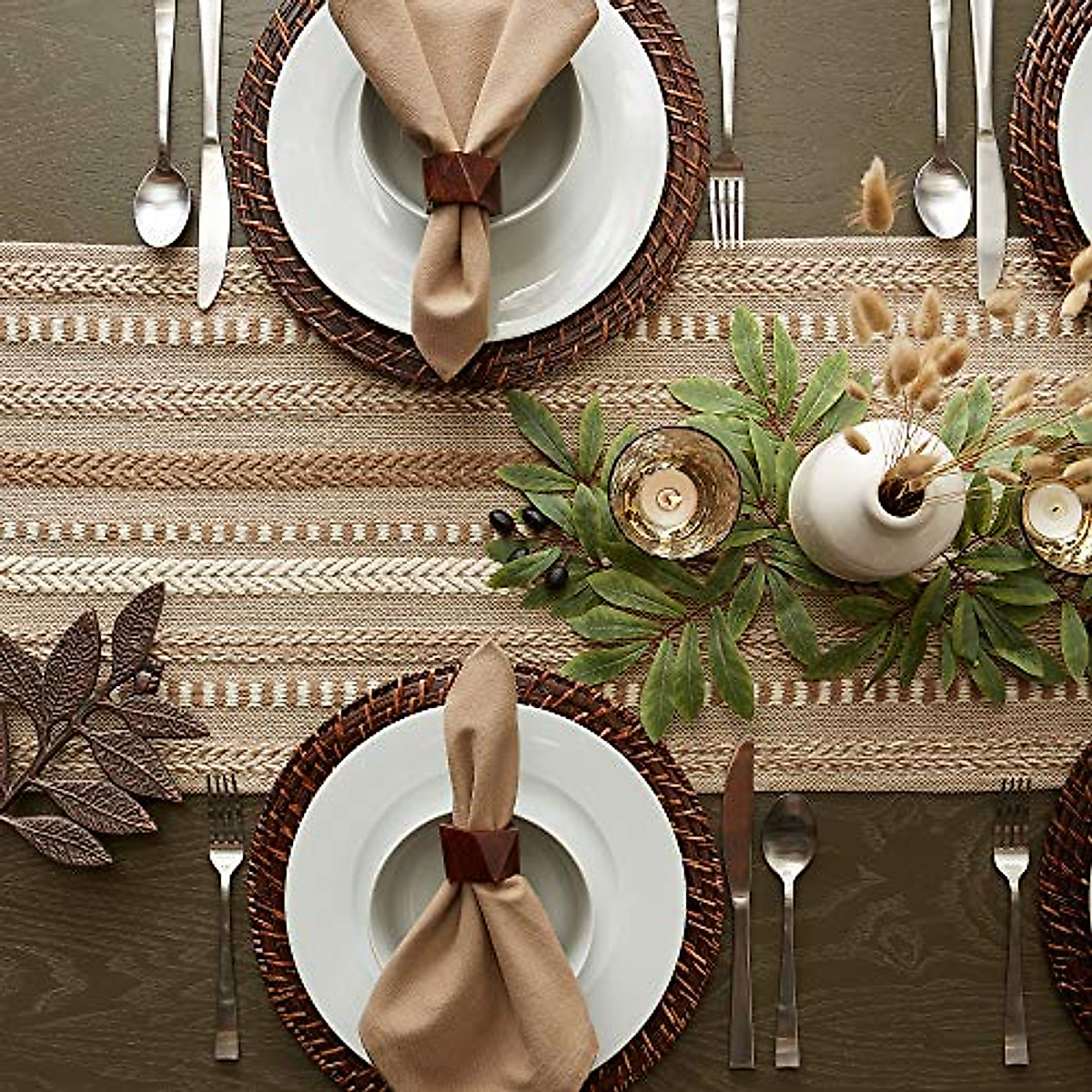 DII Farmhouse Braided Stripe Table Runner Collection, 15x72 (15x77, Fringe Included), Stone