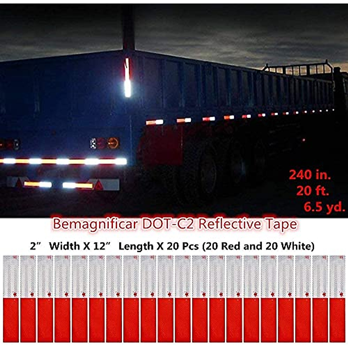Reflective Tape, Self-Adhesive Reflective Tape Outdoor Waterproof Safety Caution Warning, Trailer Reflector - for RVs, Cars, Trucks, Trailers, Boats, Road Signs(Red/White), 2" × 12"- 20 Pack