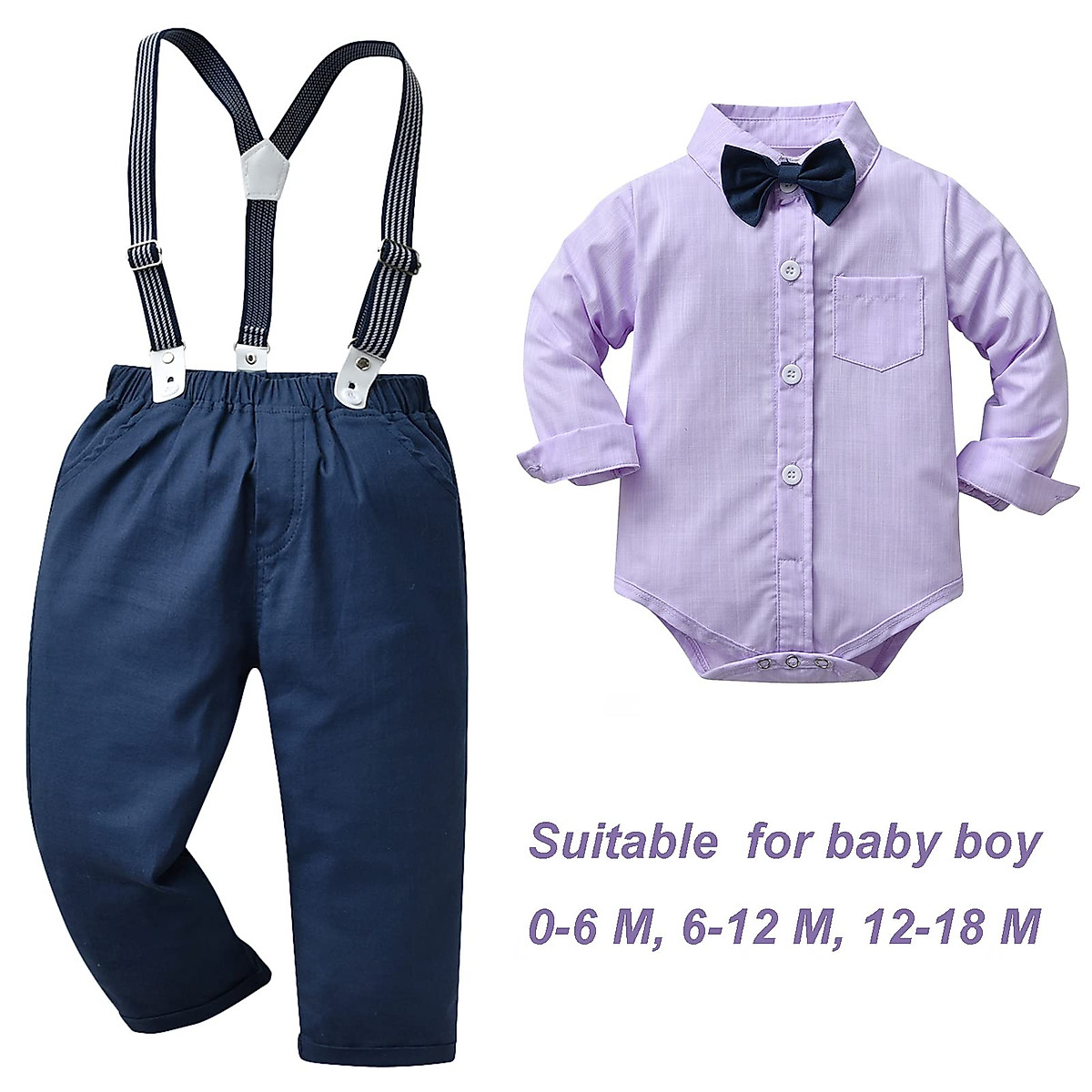 amokk Gentleman Outfits Formal Wear for Toddler Baby Boys Bow Tie and Suspenders Clothing Set (Purple-Navy, 18-24 M)