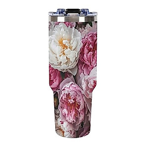 STVNKML 40 Oz Tumbler with Handle Peach And White Peonies Stainless Steel Coffee Mug Reusable Travel Mug Leak-proof Insulated Car Cup Large Capacity Tumbler for Travel, Outdoor, Home Use (Black)