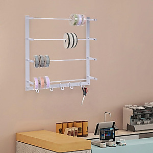 TFCFL Wire Spool Rack, Ribbon Holder Organizer Rack Ribbon Storage Organizer, Wall Mounted Ribbon Spool Storage Rack 4 Tier with 5 Hooks Ribbon Holder Organizer for Crafts, Silver