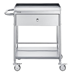 VEVOR Medical Trolley, Dual-Tier Stainless Steel Trolley with a 220 lbs Load Limit, Equipped with Quiet 360° Casters and a Drawer, Ideal for Laboratories, Clinics, Kitchens, and Salons