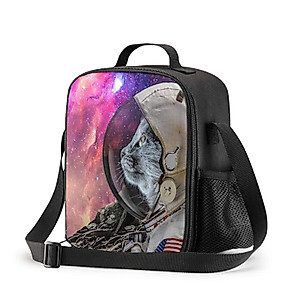 PrelerDIY Space Cat Lunch Box - Insulated Lunch Box for Kids with Side Pocket & Shoulder Strap Lunch Bag, Perfect for School/Camping/Hiking/Picnic/Beach/Travel