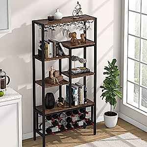Tribesigns Wine Rack Freestanding Floor,Vintage Tall Wine Bar Cabinet with Storage,Wooden Alcohol Shelf with Bottle Holder,Brown