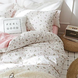 VClife Queen Cotton Duvet Cover Pink White Floral Bedding Sets, Vintage Style Flower Branches Pattern Duvet Covers with Zipper Closure- 1 Duvet Cover and 2 Pillow Covers, Breathable Lightweight